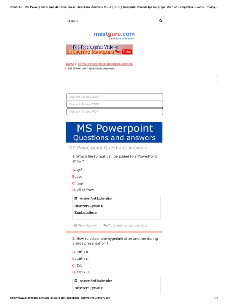 MS PowerPoint MCQs for Competitive Exams | PDF | Microsoft Power Point ...