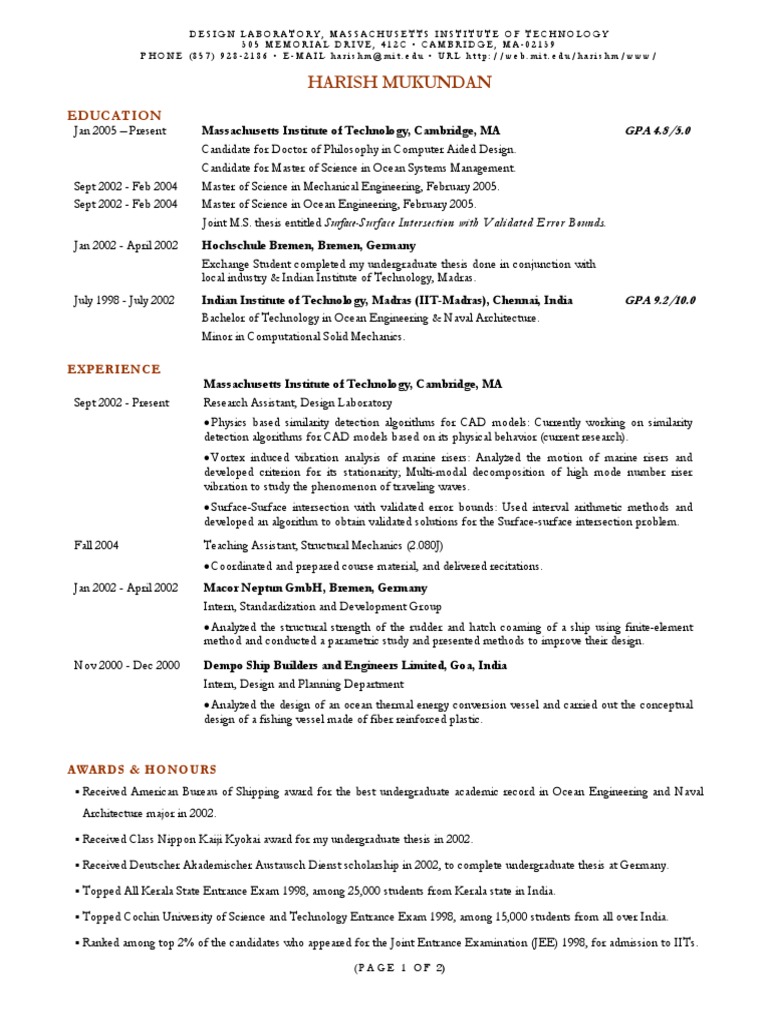 MIT Ocean Engineer's Resume | PDF | Engineering | Master Of Science