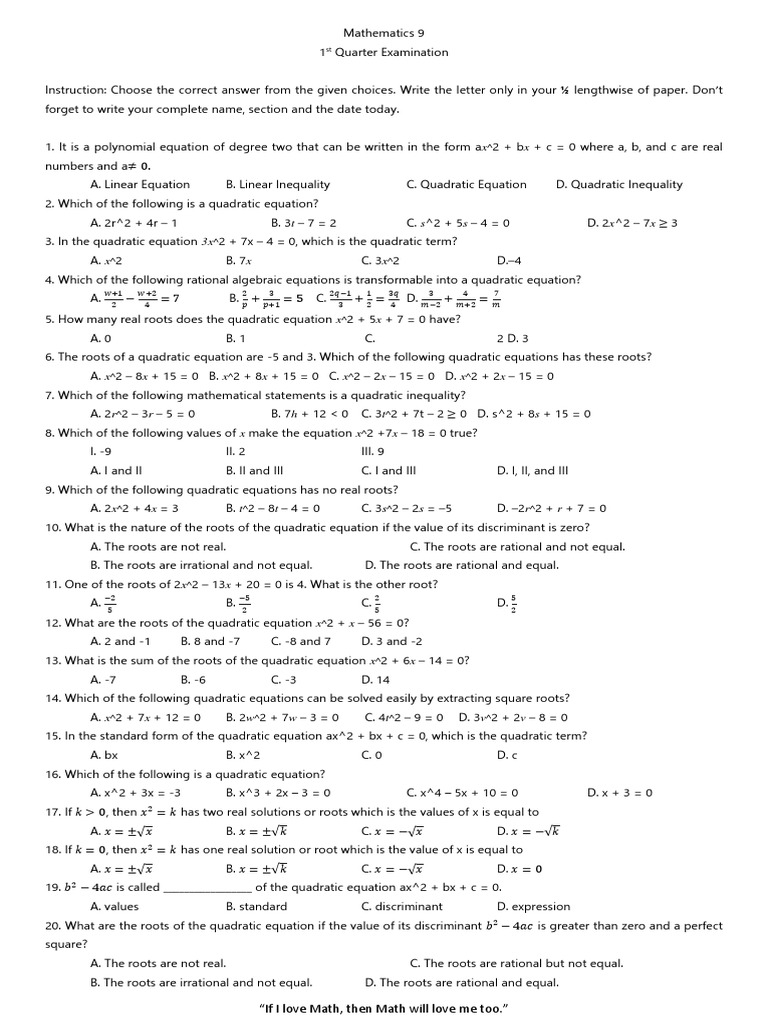 Math 9 Exam 1st Quarter 2016-2017 | Quadratic Equation | Equations