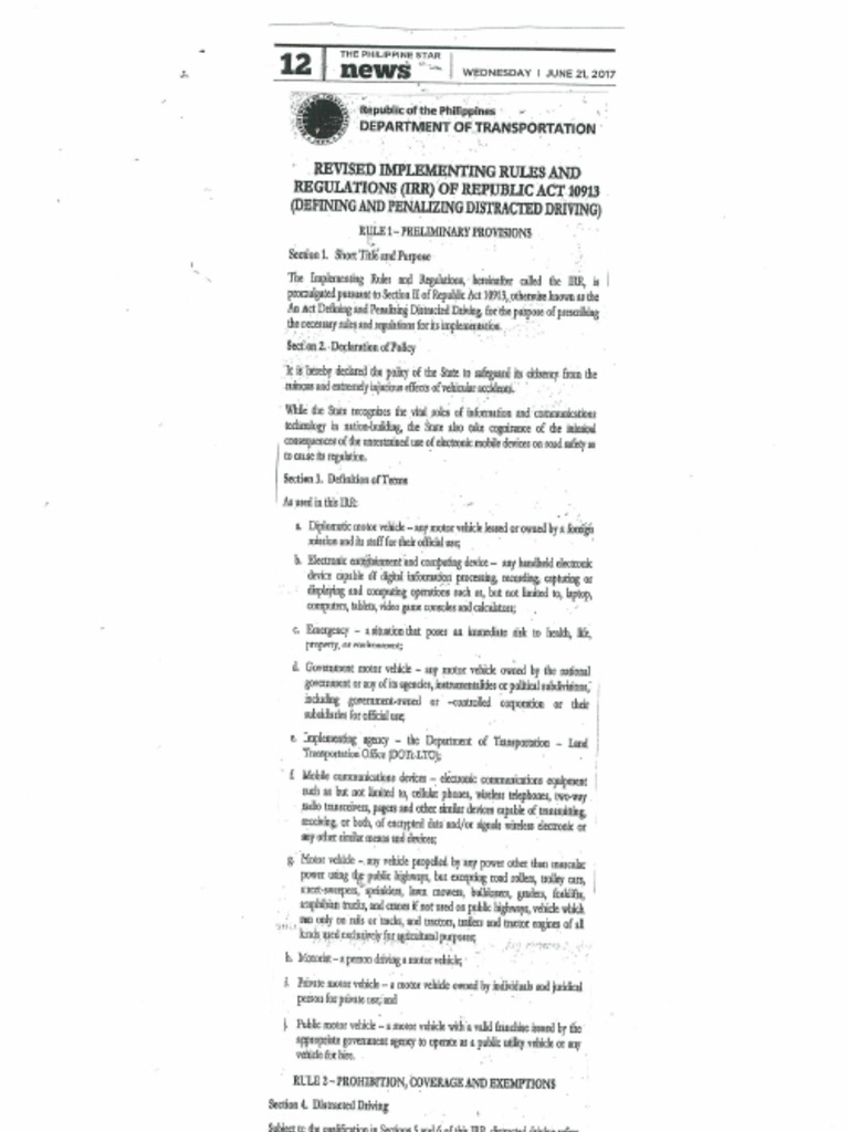 IRR RA 10913 (An Act Defining and Penalizing Distracted Driving) As ...