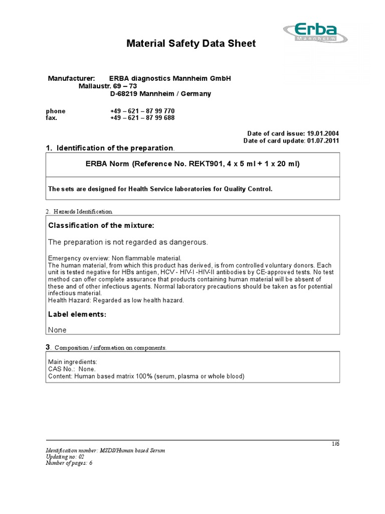 Material Safety Data Sheet: 1. Identification of The Preparation ERBA ...