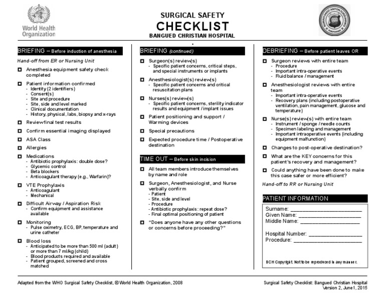 Surgical Safety Checklist WHO | PDF | Surgery | Anesthesia