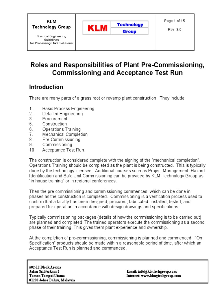 Roles and Responsibilities of Plant Commissioning Rev 3 PDF | PDF ...