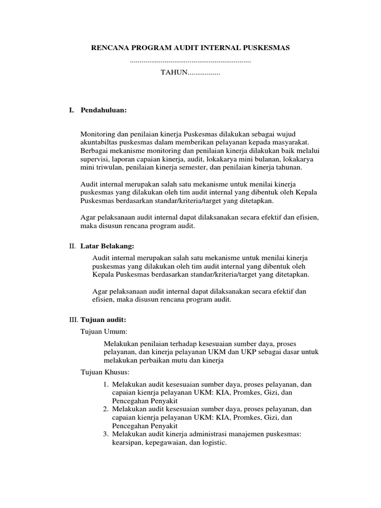 Contoh Rencana Program Audit Internal Puskesmas Tahunan | PDF