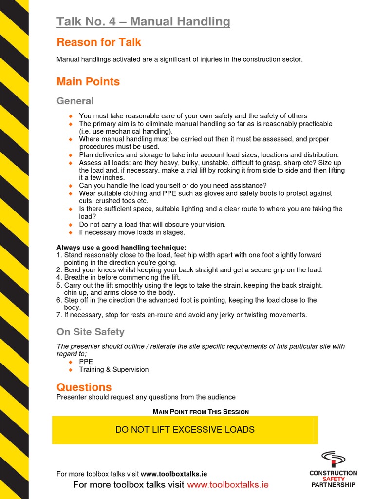 Toolbox Talk 4 Manual Handling | PDF