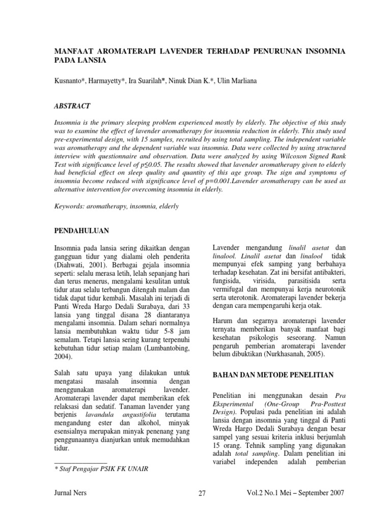 Manfaat Aromaterapi Lavender Terhadap Penurunan Insomnia Pada Lansia PDF | PDF