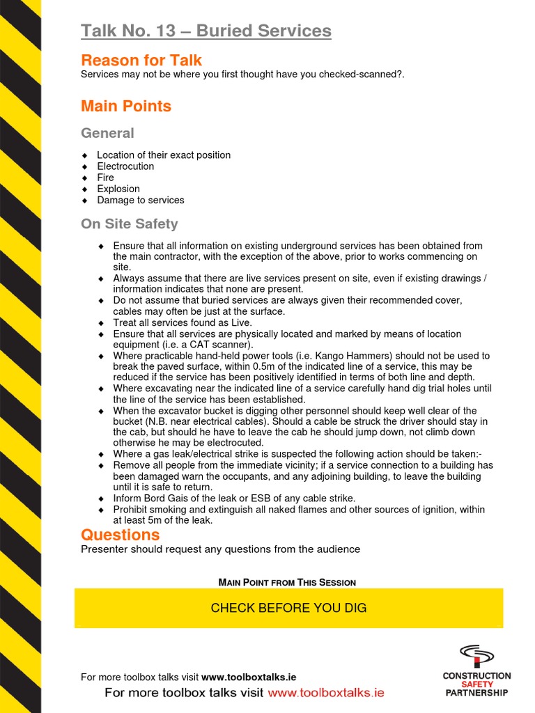 Toolbox Talk 13 Buried Services | PDF | Hazards | Safety