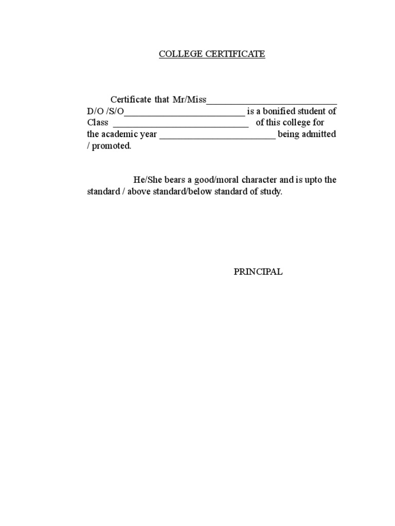 College Character Certificate Format | PDF