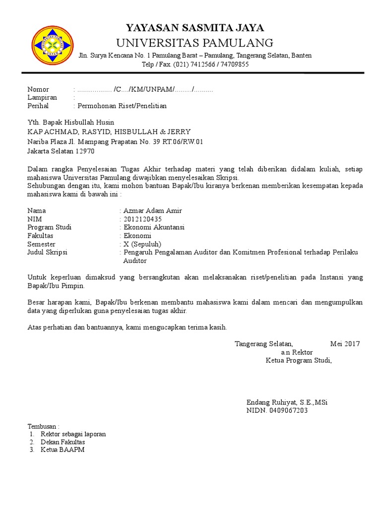 Permohonan Riset Skripsi Ekonomi UNPAM | PDF | Karier & Perkembangan