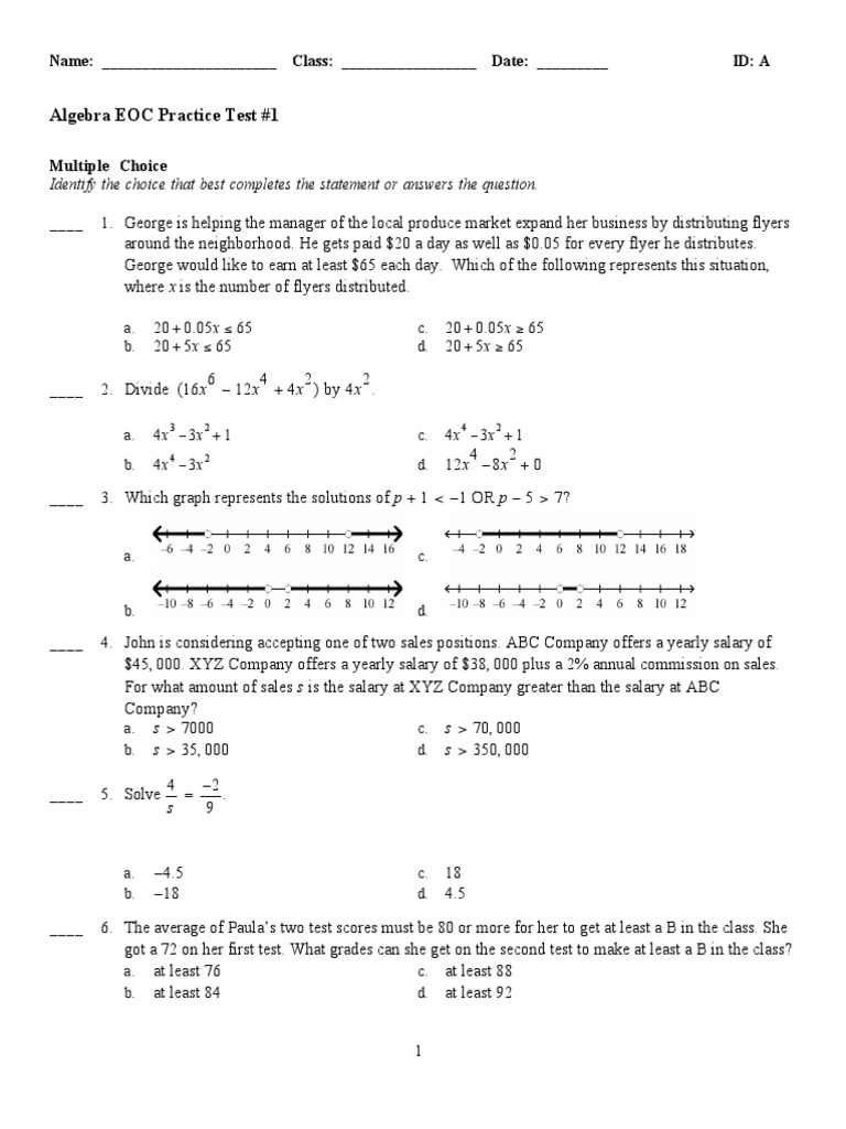 Algebra Eoc Practice Test 1pdf EOC Algebra 1 Practice Test #1
