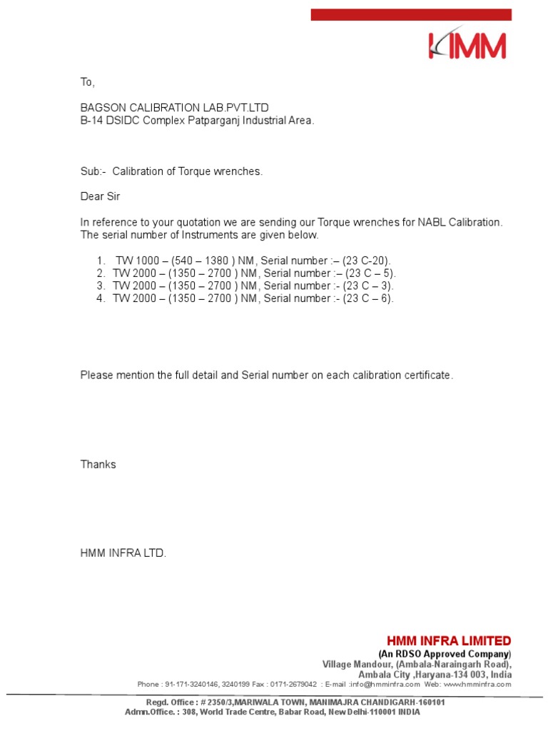 Calibration Request for Four Torque Wrenches from HMM Infra Ltd. to ...