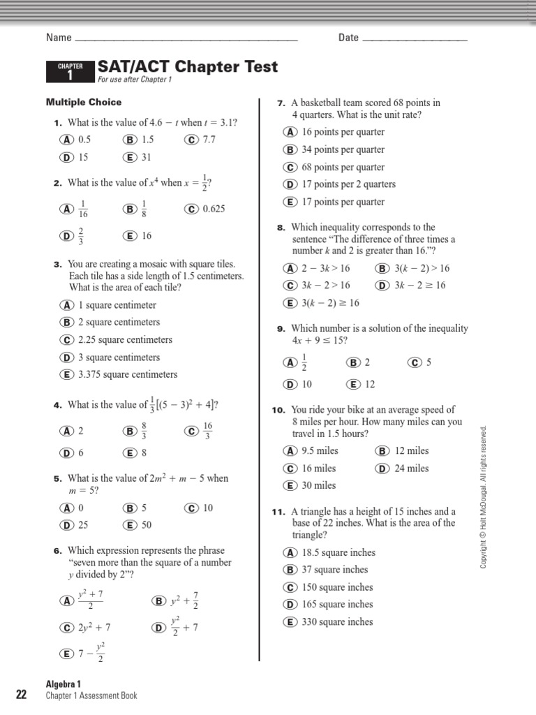 Holt Algebra 1 - Chapter 01 - SAT-ACT | PDF | Sat | Function (Mathematics) Holt Algebra 1 - Chapter 01 - SAT-ACT | PDF | Sat | Function (Mathematics)