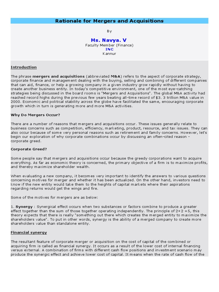 Rationale For Mergers and Acquisitions | PDF | Mergers And Acquisitions ...