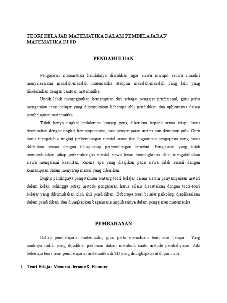 Teori Belajar Matematika Dalam Pembelajaran Matematika Di SD | PDF