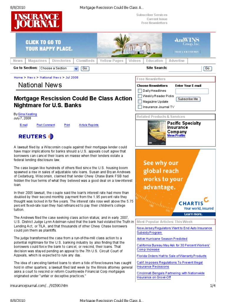 Mortgage Rescission Could Be Class Action Nightmare | PDF | Truth In ...