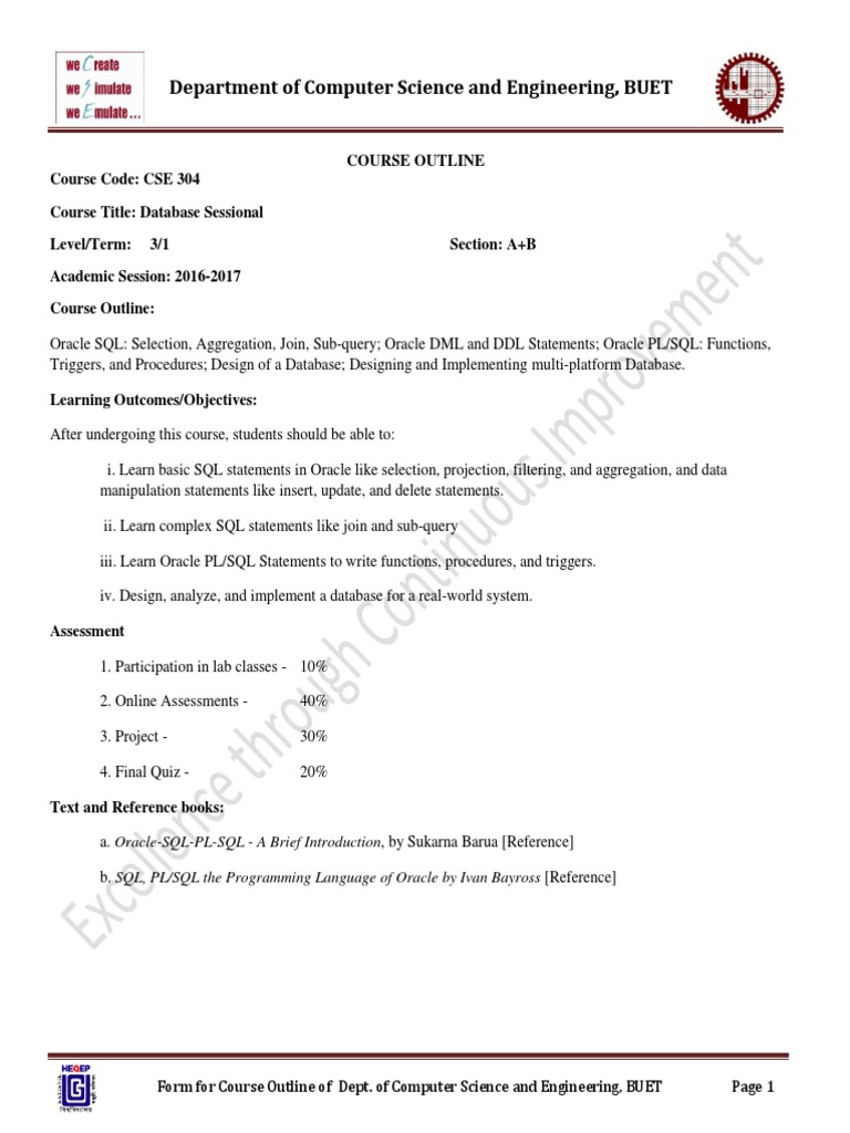 Course Outline CSE304 January 2017 | PDF | Pl/Sql | Sql