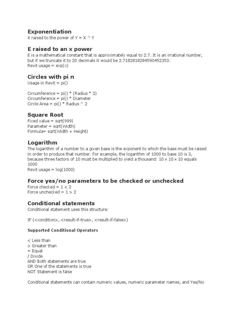 Revit Formulas | Download Free PDF | Pi | Exponentiation