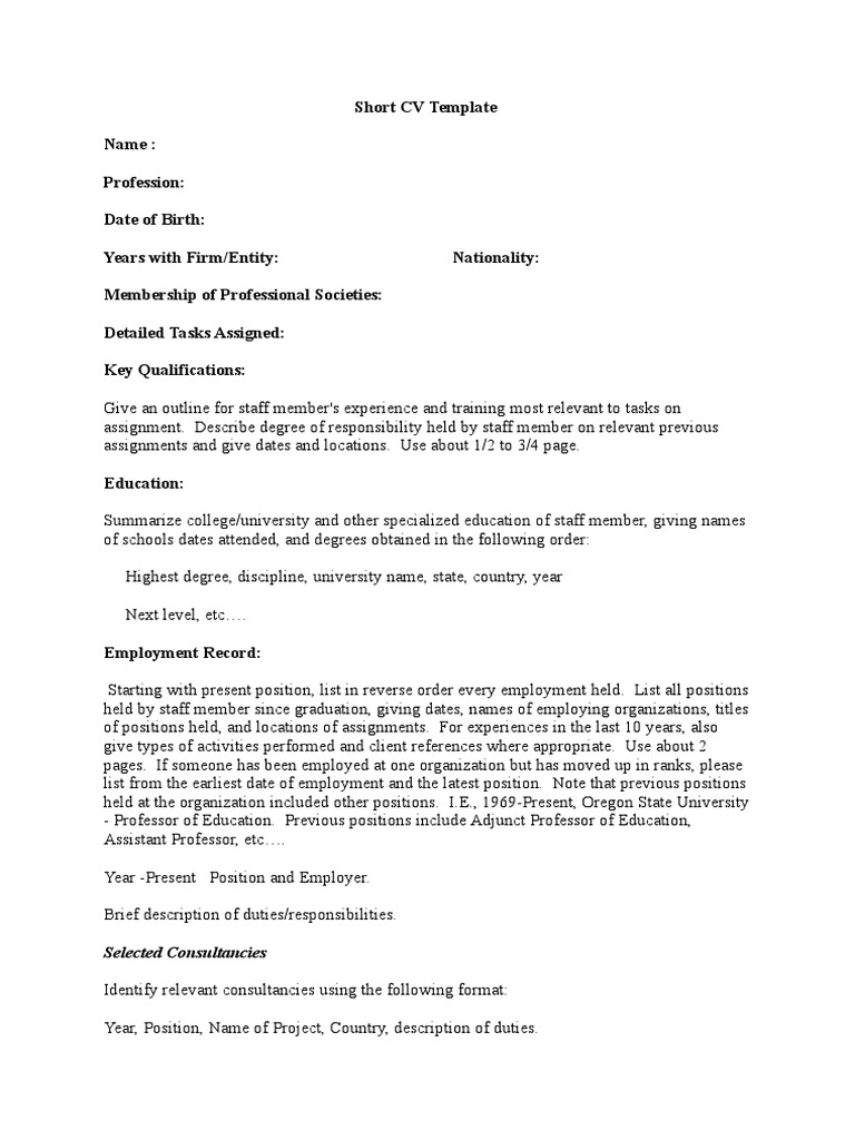 Short CV Template | PDF | Cognition | Labour