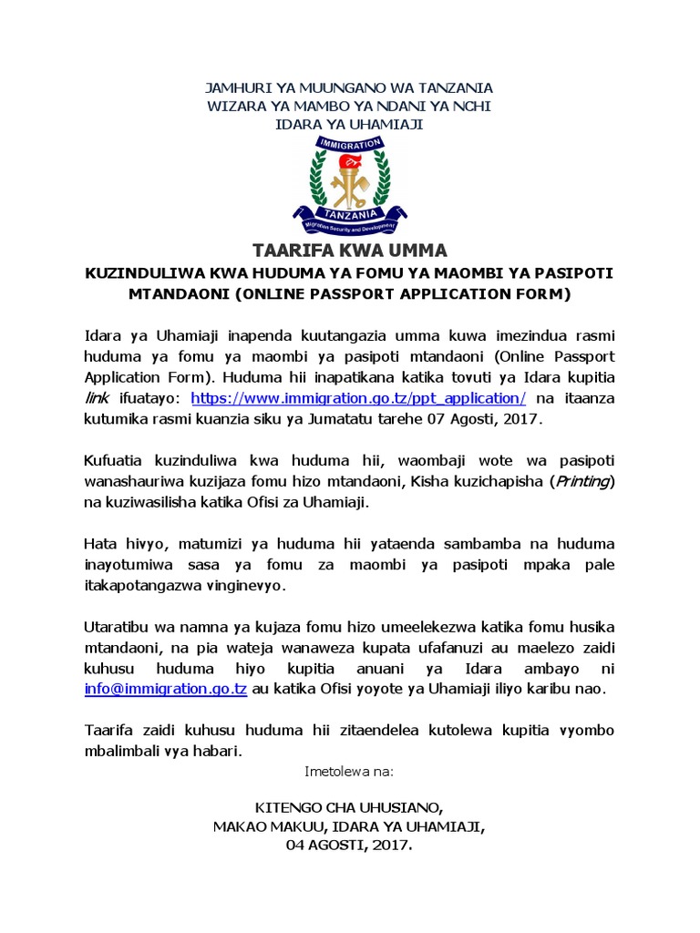 Taarifa Kuhusu Huduma Ya Fomu Ya Maombi Ya Pasipoti Mtandaoni