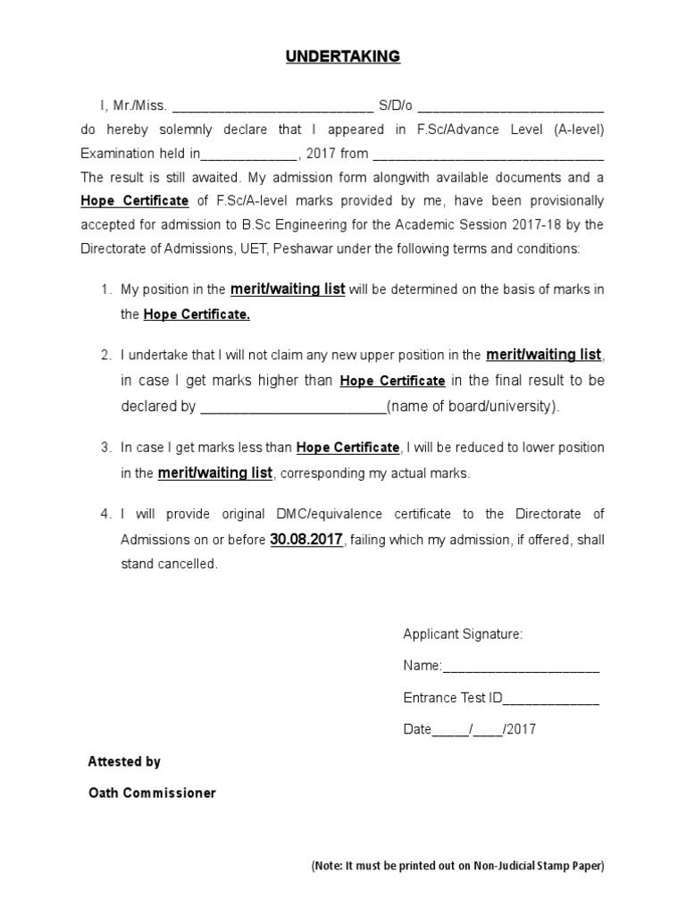 Undertaking: Hope Certificate of F.Sc/A-level Marks Provided by Me ...