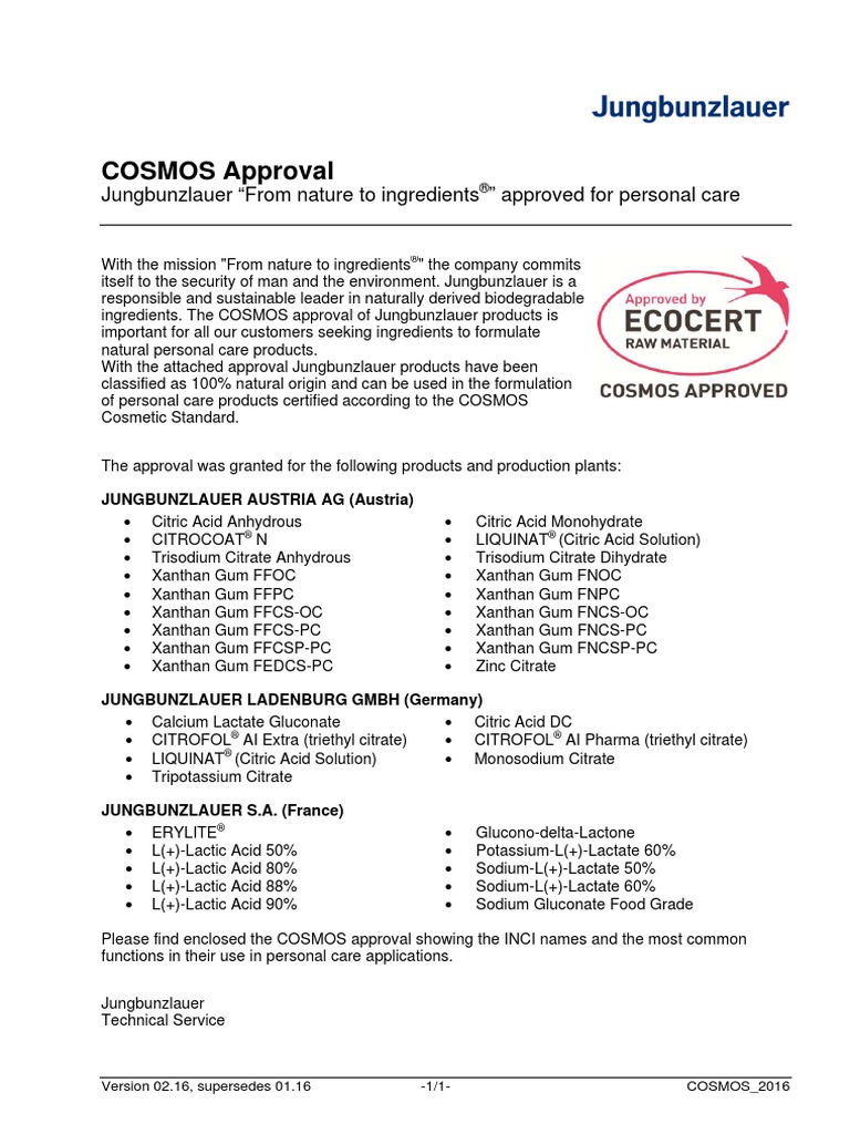 COSMOS Approval: Jungbunzlauer "From Nature To Ingredients " Approved ...