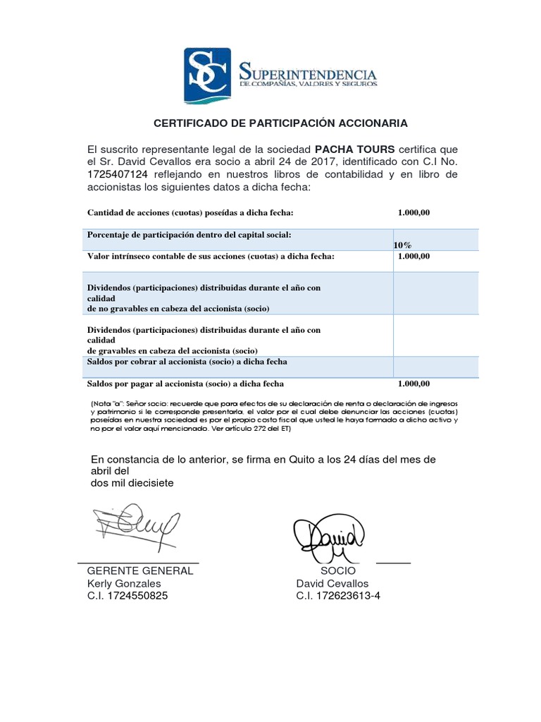 Certificado de Participación Accionaria | Dividendo | Accionistas