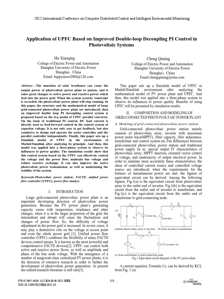 Application of UPFC Based on Improved Double-loop Decoupling PI Control ...