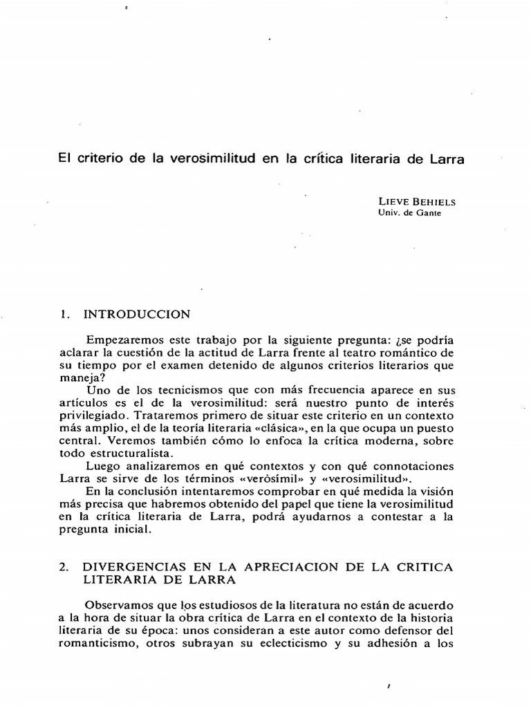 El Criterio de Verosimilitud en La Crítica Literaria de Larra | PDF ...