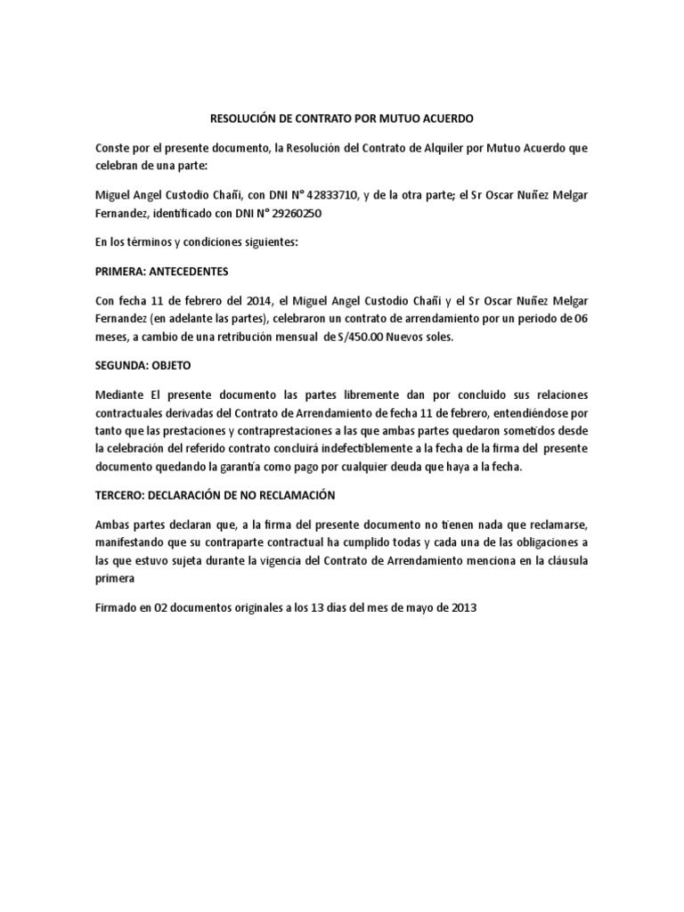 Resolución de Contrato Por Mutuo Acuerdo