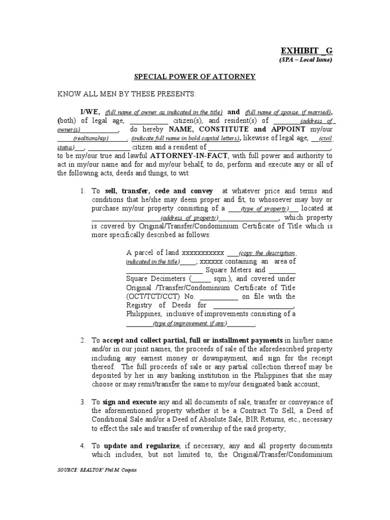 EXIBIT G - SPA Locally Executed | PDF | Power Of Attorney | Real Estate ...