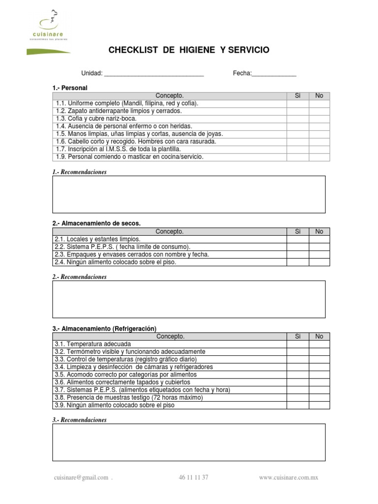Check List Higiene y Servicio | PDF | Lavado de manos | Alimentos