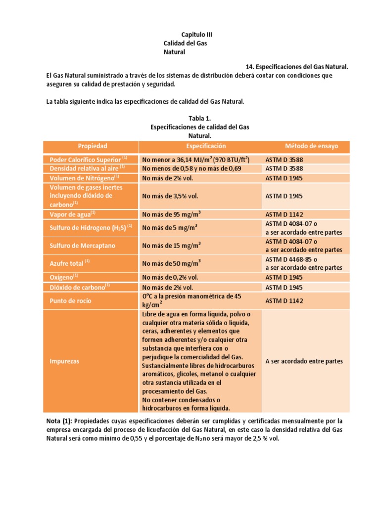 Especificaciones Del Gas Natural | PDF | Gas natural | Gases