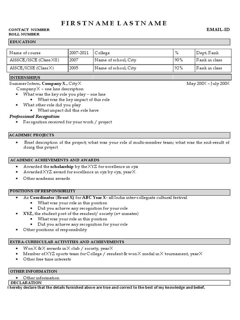 Standard CV Format - Dtu | PDF