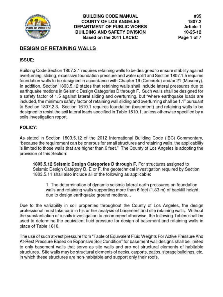 Design of Retaining Walls | PDF | Geotechnical Engineering | Pressure