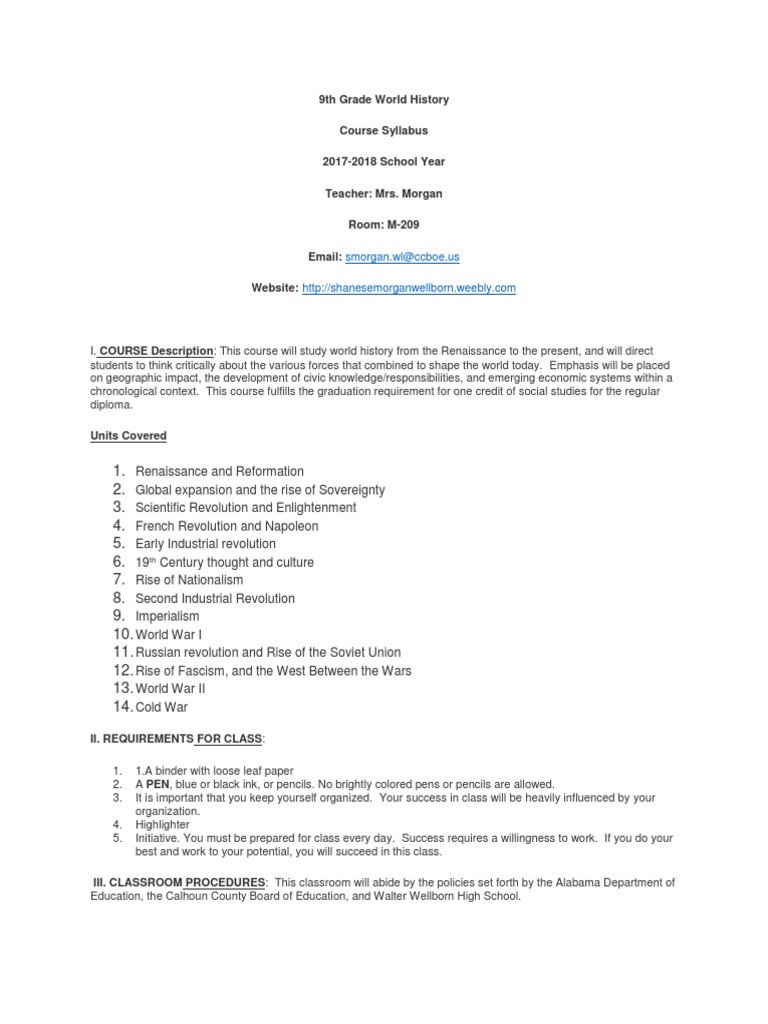 9th grade world history syllabus | Homework | Test (Assessment)