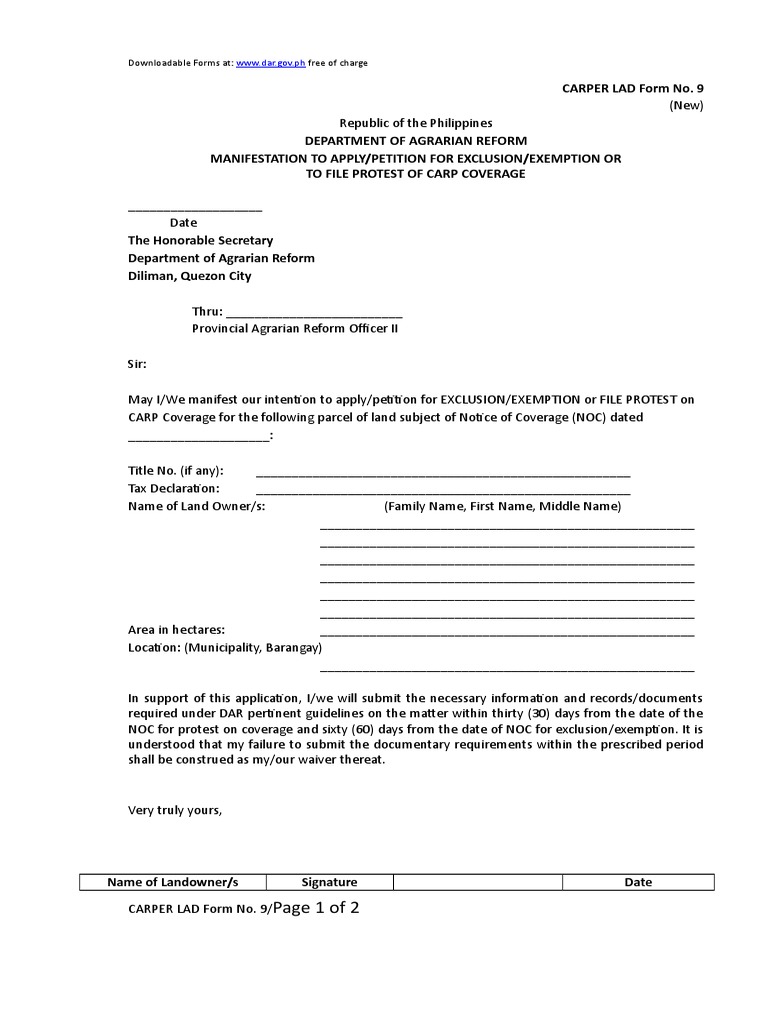 CARPER LAD Form No. 9 Manifestation To Apply Petition For Exemption ...