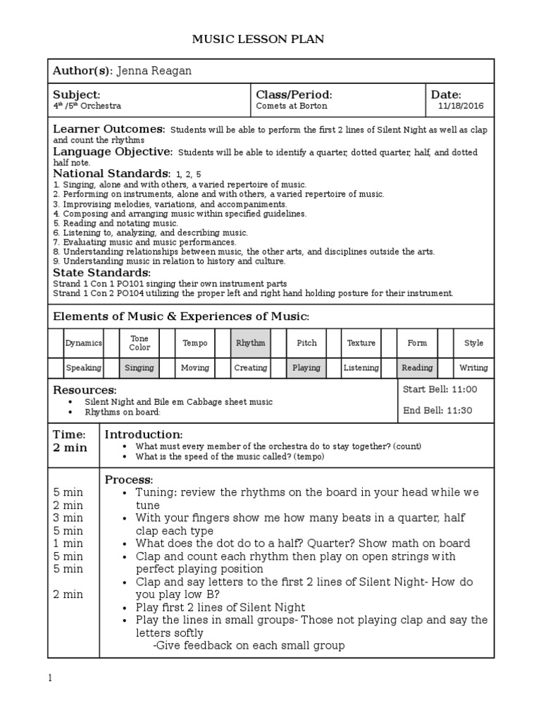 4th/5th Orchestra Lesson Plan: Silent Night | PDF | Rhythm | Musical ...