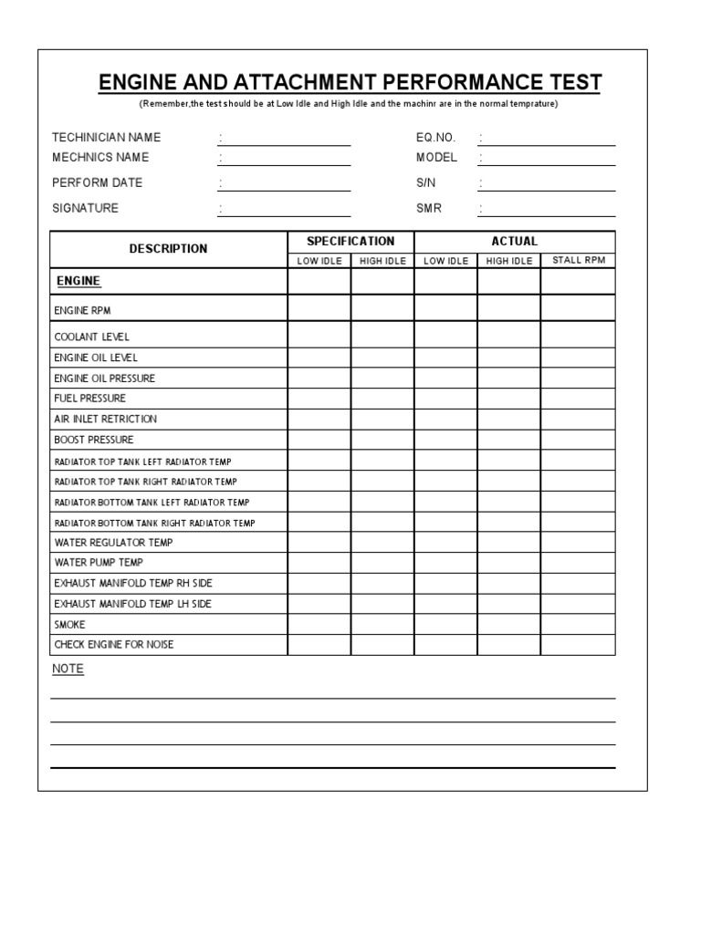Engine Performance Test Checklist | PDF | Technology & Engineering