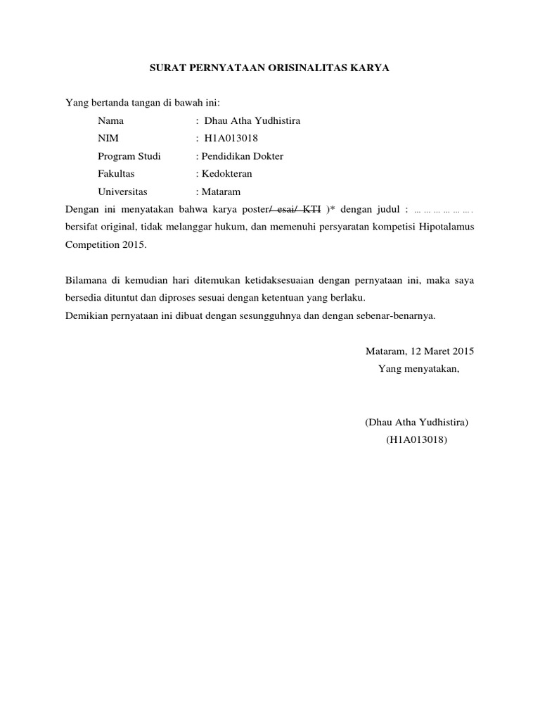 Surat Pernyataan Orisinalitas Karya | PDF