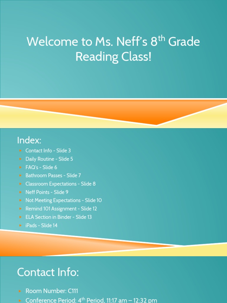 Welcome To Ms. Neff's 8 Grade Reading Class! | Download Free PDF | Test ...