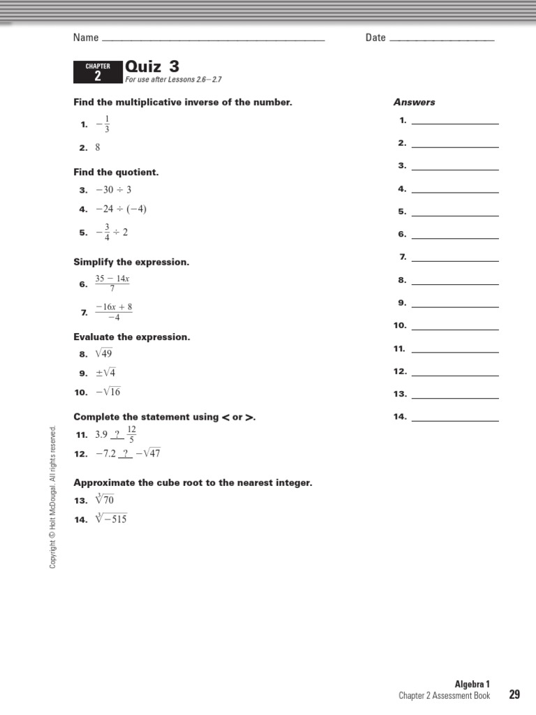 Holt Algebra 1 - Chapter 02 - Quiz 3 | PDF | Integer | Complex Analysis Holt Algebra 1 - Chapter 02 - Quiz 3 | PDF | Integer | Complex Analysis