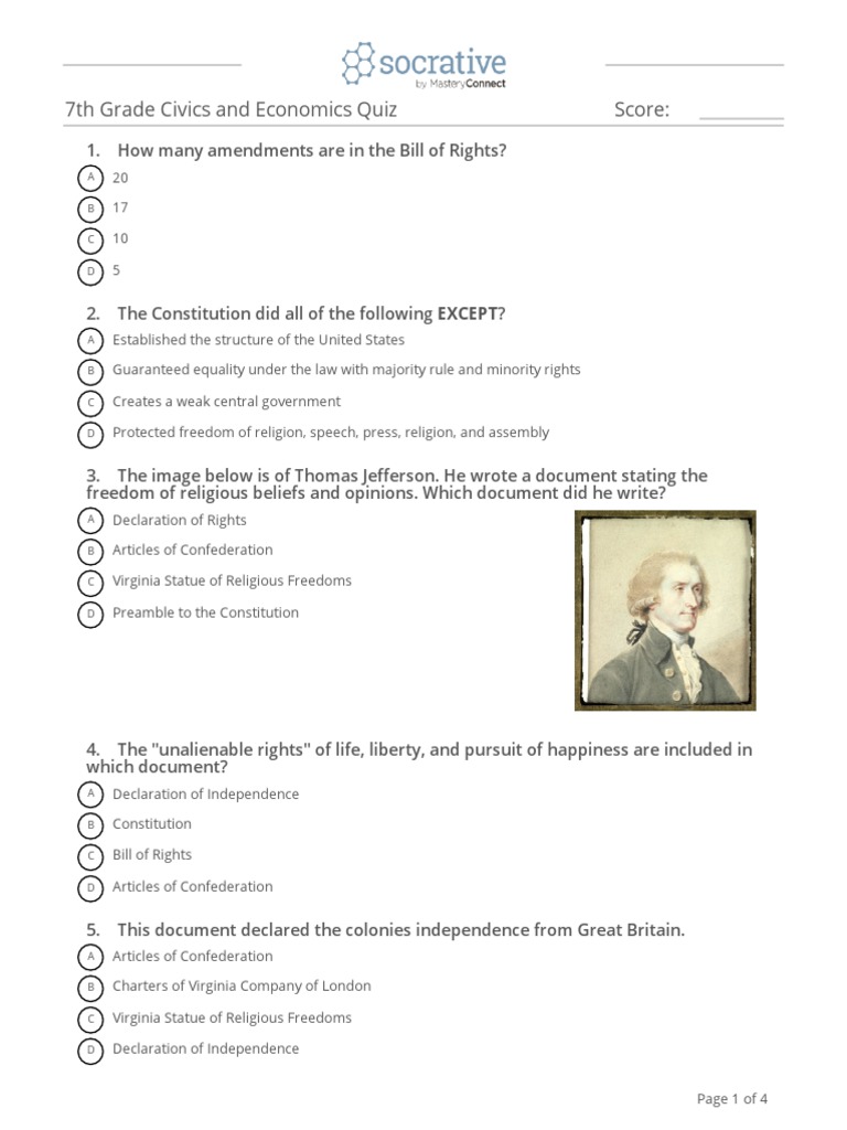 7th Grade Civics and Economics Quiz Score:: A B C D | PDF | Natural And ...