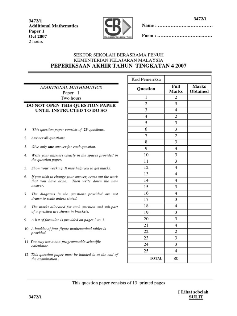 F4 Final Exam SBP Add Math - Paper 1 PDF | PDF