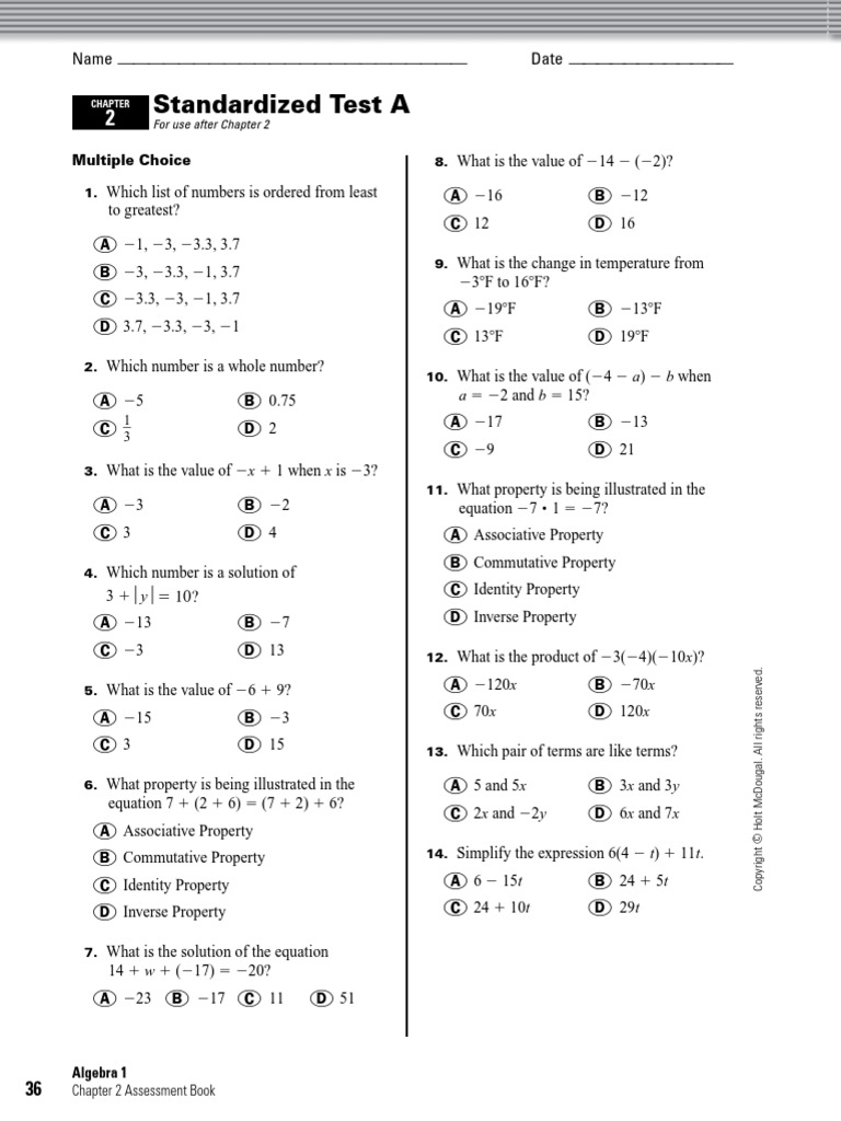 Holt Algebra 1 - Chapter 02 - Standardized Test | Integer | Rational Number