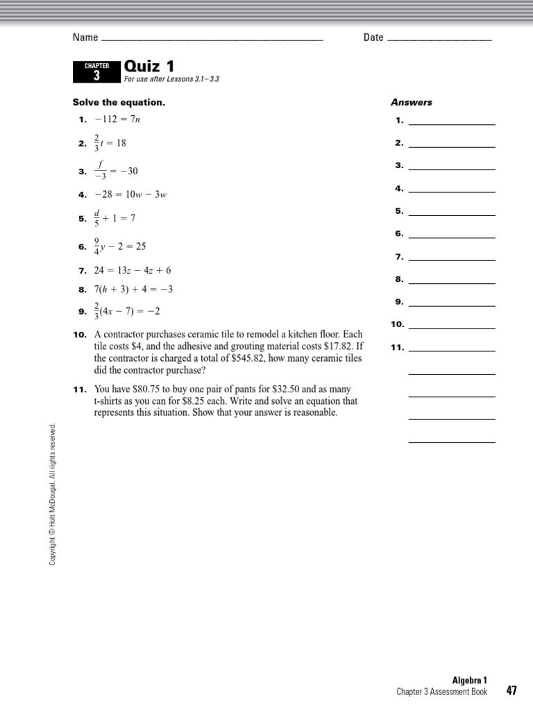 Holt Algebra 1 - Chapter 03 - Quiz 1 | PDF | Rational Number | Ratio Holt Algebra 1 - Chapter 03 - Quiz 1 | PDF | Rational Number | Ratio