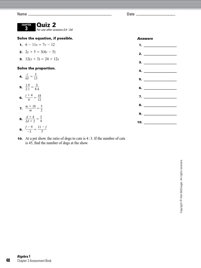 Holt Algebra 1 - Chapter 03 - Quiz 2 | PDF | Rational Number | Ratio Holt Algebra 1 - Chapter 03 - Quiz 2 | PDF | Rational Number | Ratio