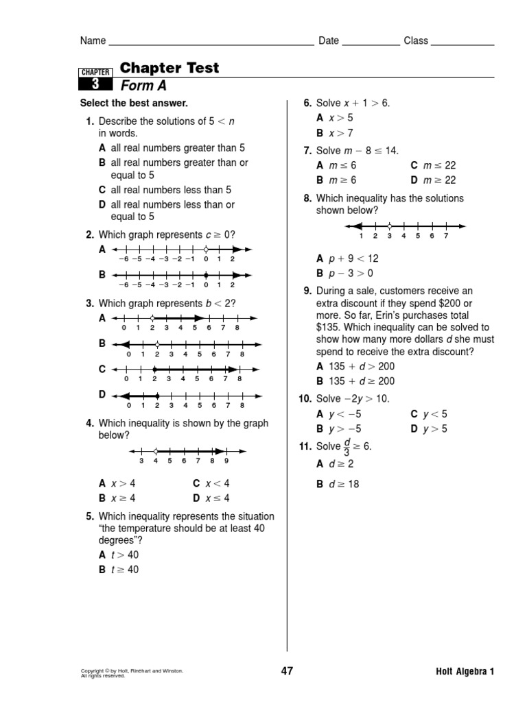 Holt Algebra 1 - Chapter 3 Test | PDF | Inequality (Mathematics) | Real ...
