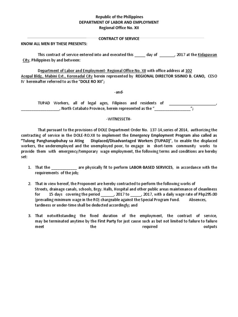 Annex V Contract of Service Tupad Workers | PDF | Labor | Economies