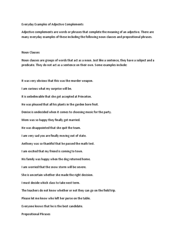 Examples of Adjective Complements | PDF | Adjective | Phrase