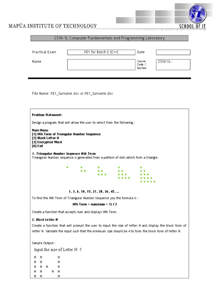 Cs10 1l Computer Fundamentals And Programming Laboratory Practical Exam Pe1 For Batch 2 C 